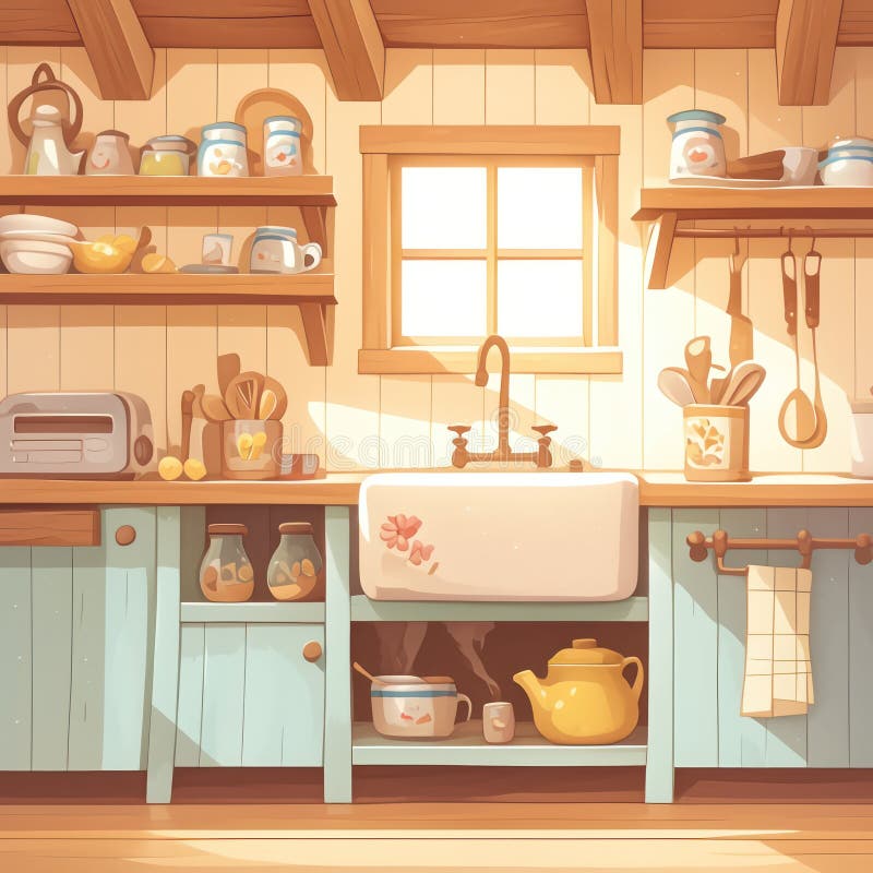 Cartoon Illustration of a Kitchen with a Sink, Shelves, and a Window ...