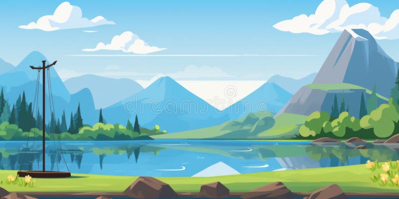 A Cartoon Illustration of a Lake and Mountains. AI Stock Illustration ...