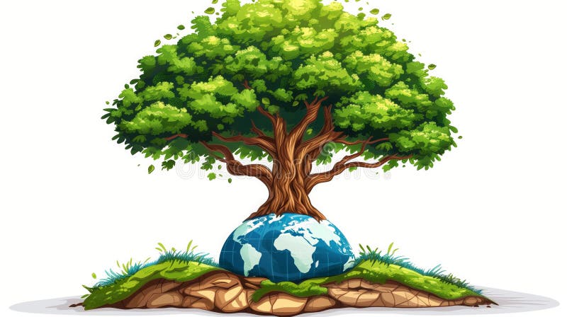 Cartoon Illustration of a Large Oak Tree Growing Over a Globe Stock ...