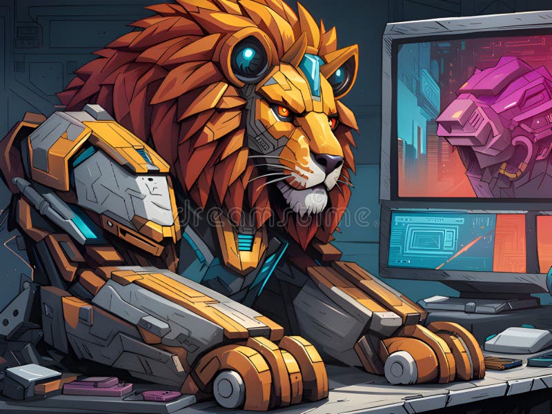 A Cartoon Illustration of a Lion with a Computer in a Modern Style ...