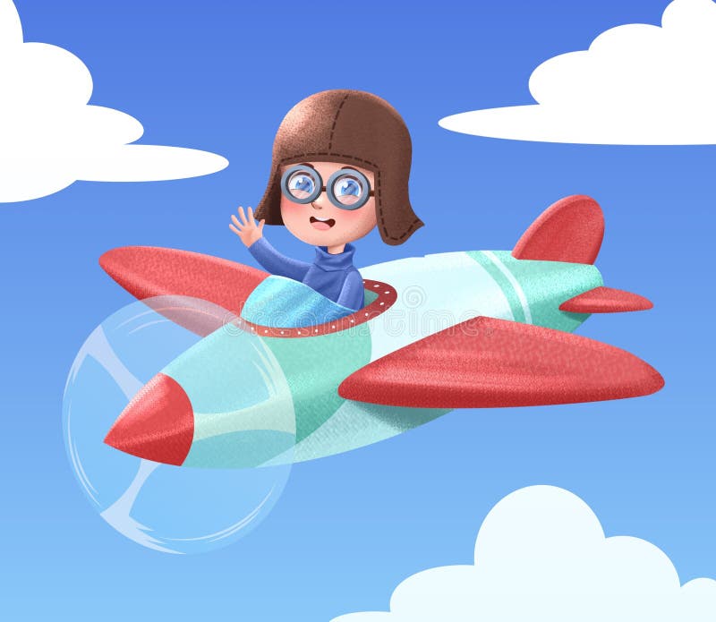 Cartoon Illustration of a Little Boy Riding an Airplane Stock ...