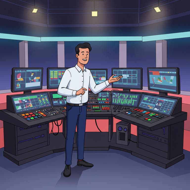 A Cartoon Illustration of a Man in a Control Room, Surrounded by ...