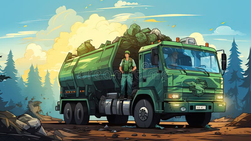 Cartoon Illustration of a Man Standing in Front of a Garbage Truck ...
