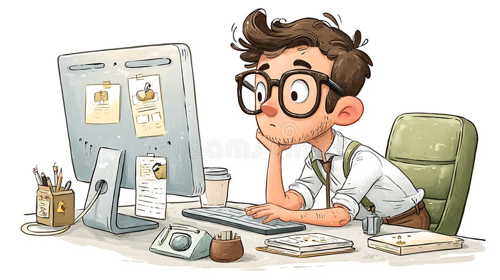 Cartoon Illustration of a Man Thinking at His Computer Desk Stock ...