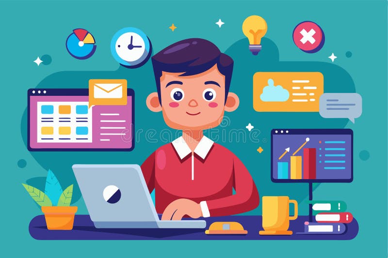 A Cartoon Illustration of a Man Working on His Laptop, Real-time Sync ...