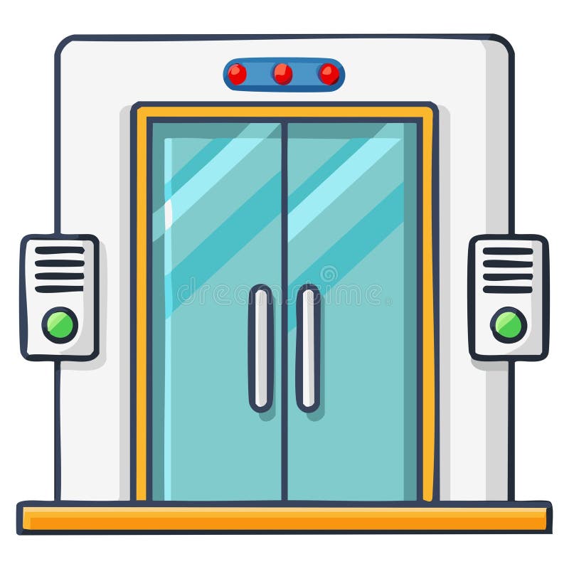 Cartoon Illustration of Modern Elevator Doors with Call Buttons and ...