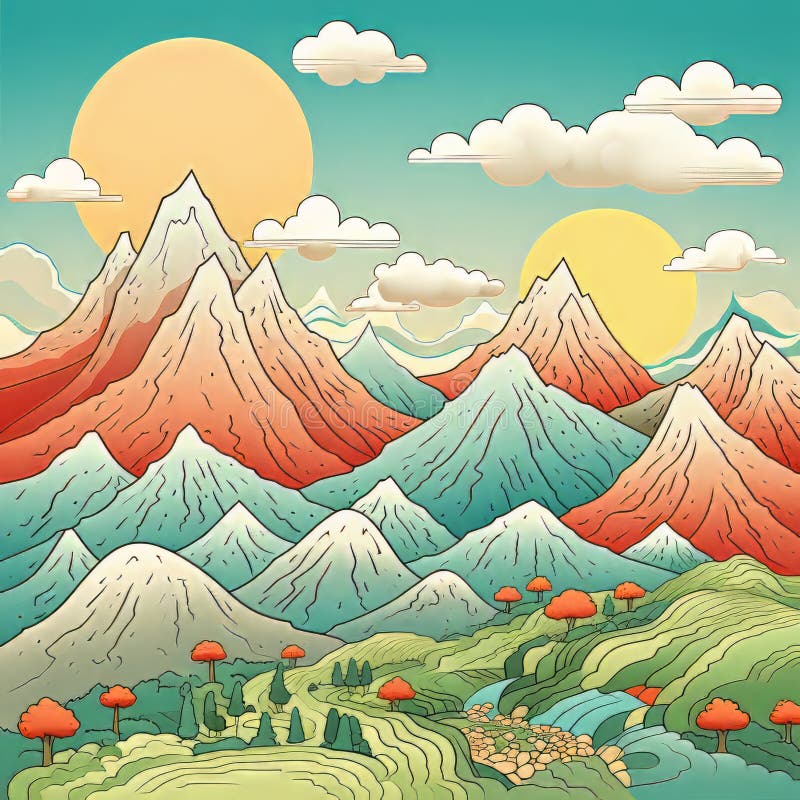 A Cartoon Illustration of a Mountain Landscape Stock Illustration ...