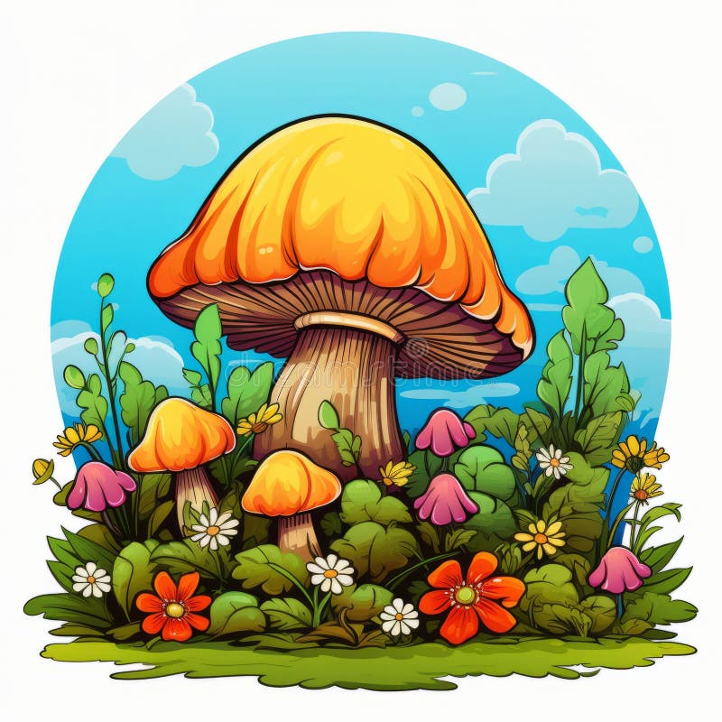 Cartoon Illustration of a Mushroom with Flowers and Grass Stock ...