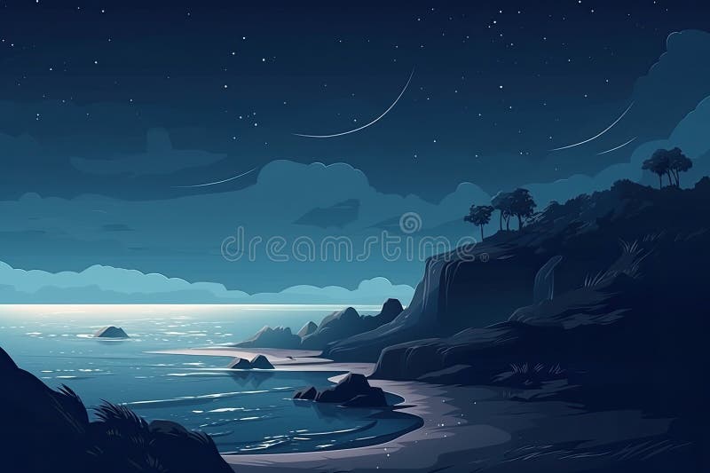 Cartoon Illustration of Night Beautiful Bay. Generative AI Stock ...