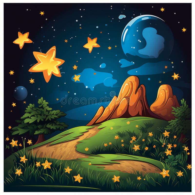 Cartoon Illustration of a Night Scene with Stars and Trees Stock ...