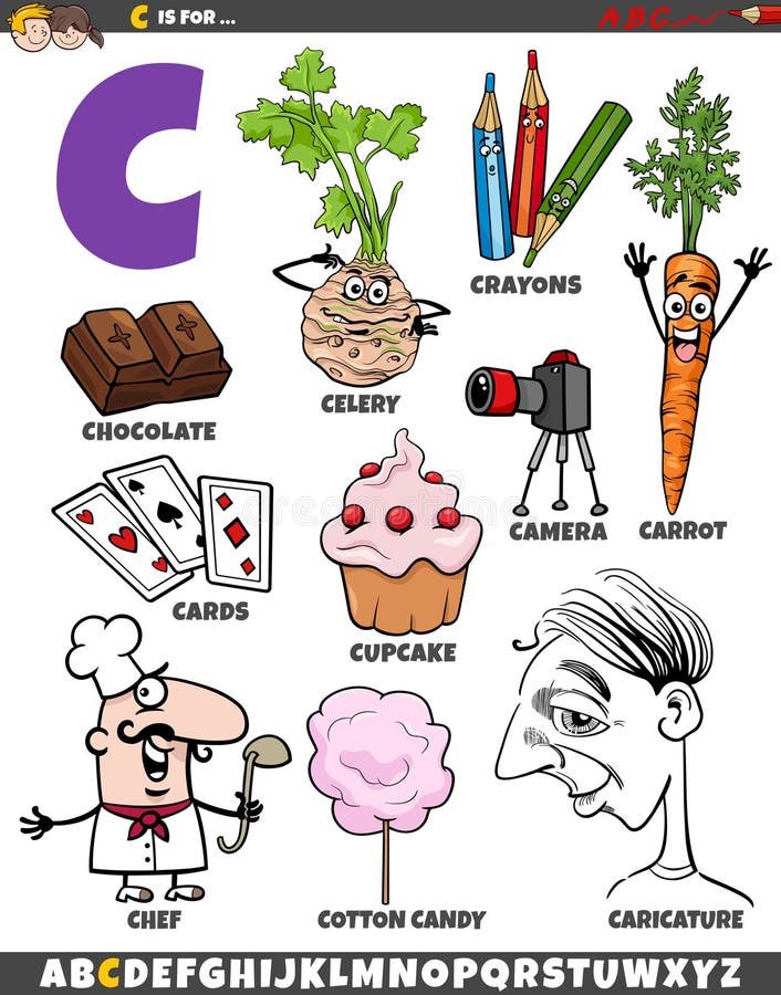 Letter C Set with Cartoon Objects and Characters Stock Vector ...