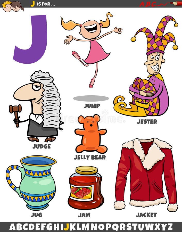 Letter J Set with Cartoon Objects and Characters Stock Vector ...