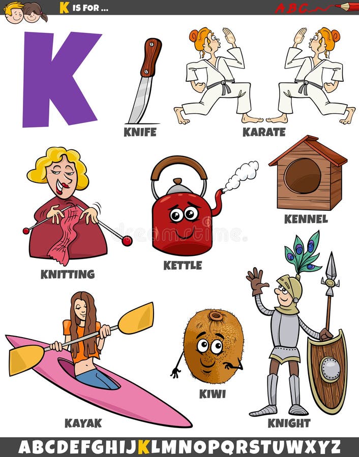Letter K Set with Cartoon Objects and Characters Stock Vector ...