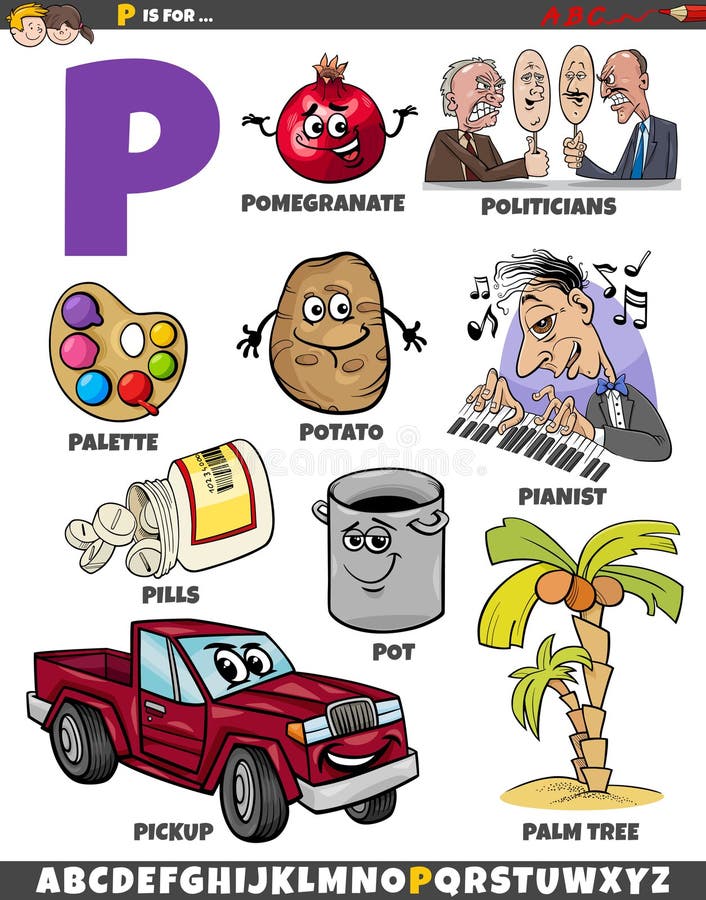 Letter P Set with Cartoon Objects and Characters Stock Vector ...