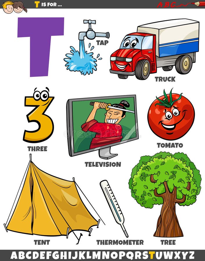 Letter T Set with Cartoon Objects and Characters Stock Vector ...
