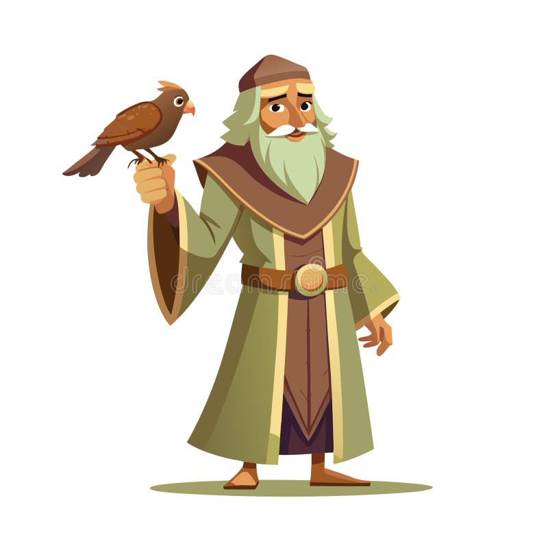 Cartoon Old Wizard with Bird: Middle Eastern Sage Illustration Stock ...