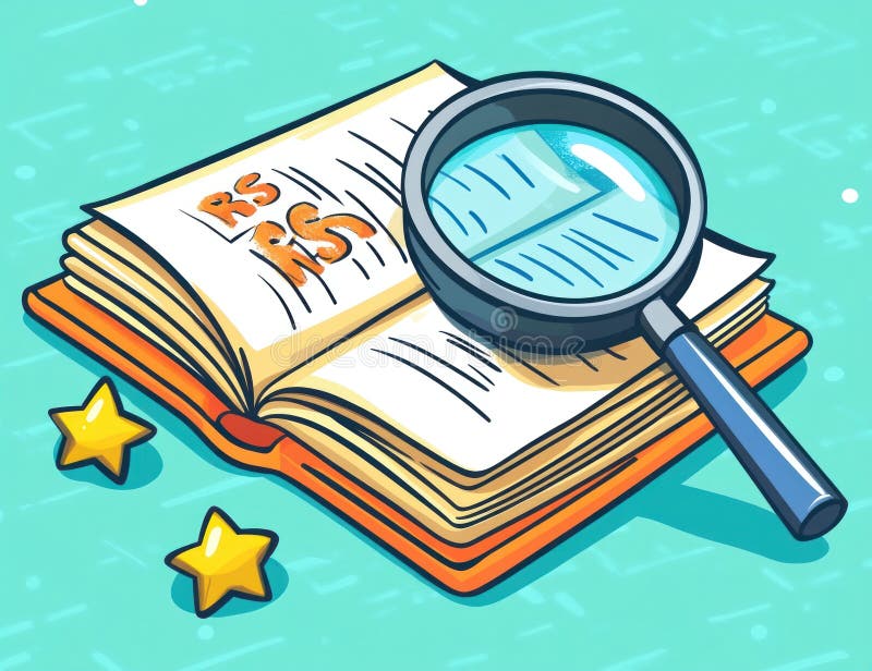 Cartoon Illustration of an Open Book with a Magnifying Glass and Stars ...