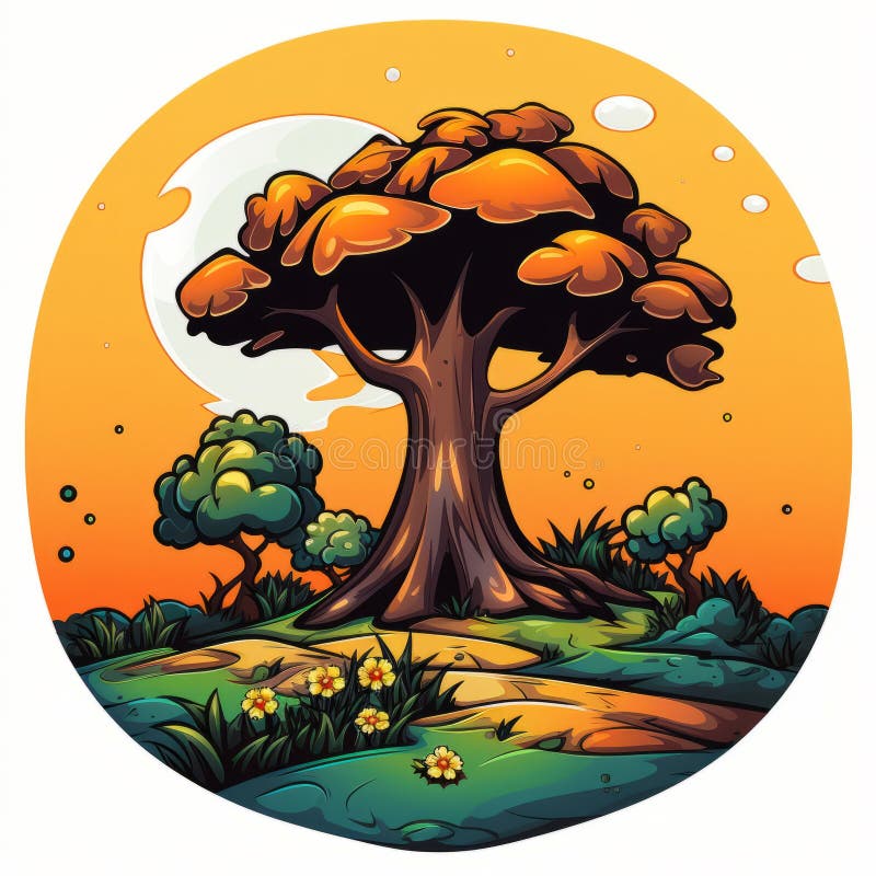 Cartoon Illustration of an Orange Tree in the Middle of a Field Stock ...