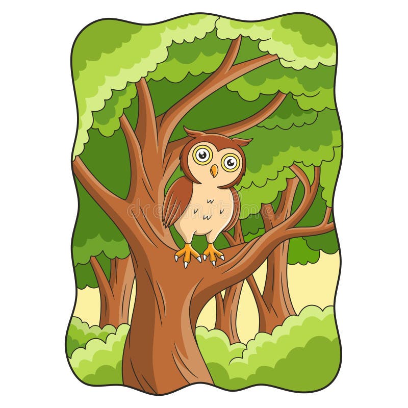 Cartoon Illustration the Owl is Above a Large and Shady Tree Stock ...