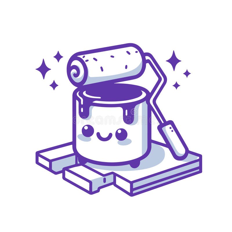 Cartoon Illustration of Paint Bucket and Roller with Blue Paint Stock ...