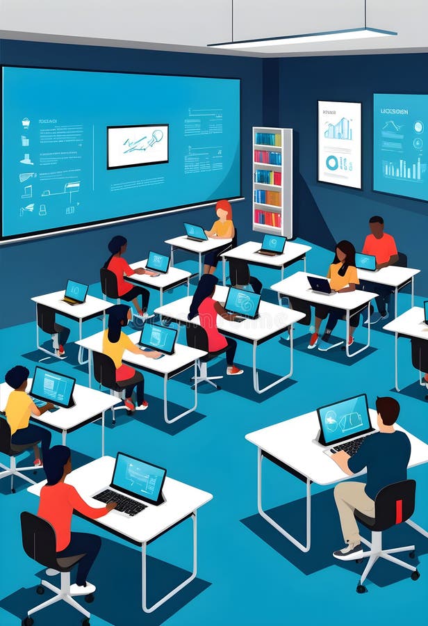 A Cartoon Illustration of People Working in a Classroom with a Board ...