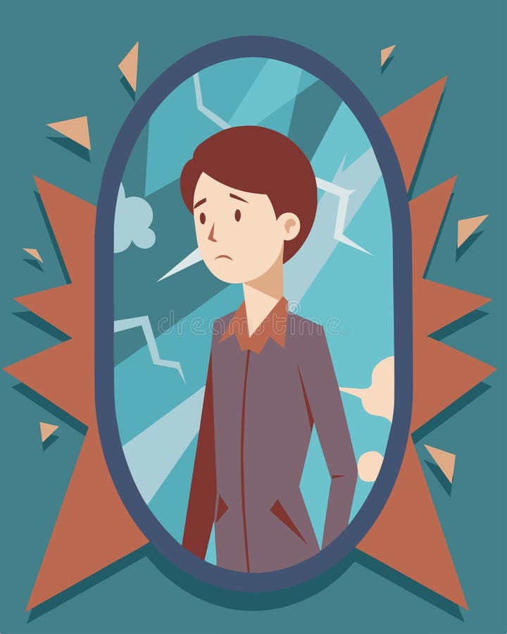 A Cartoon Illustration of a Persons Distorted Reflection in a Shattered ...