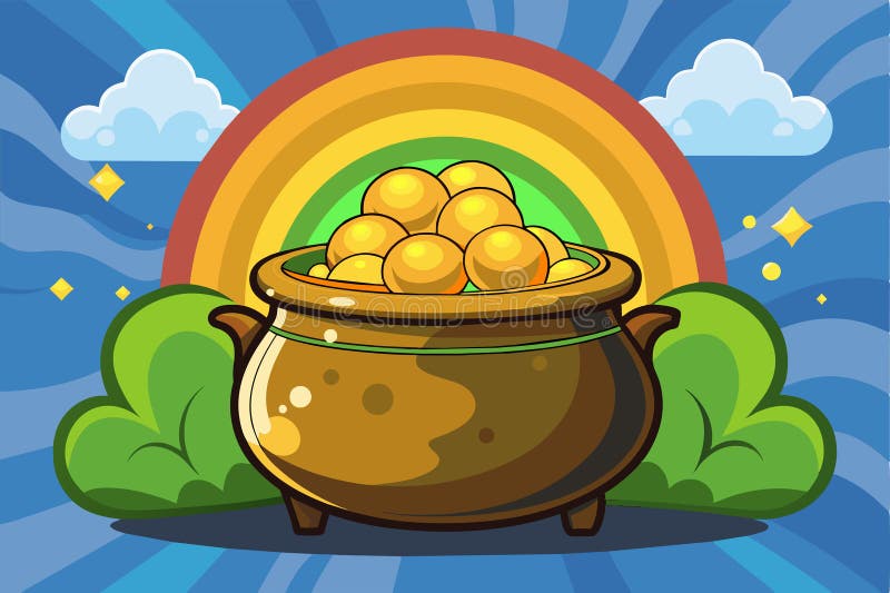 A Cartoon Illustration of a Pot of Gold at the End of a Rainbow, Pot of ...