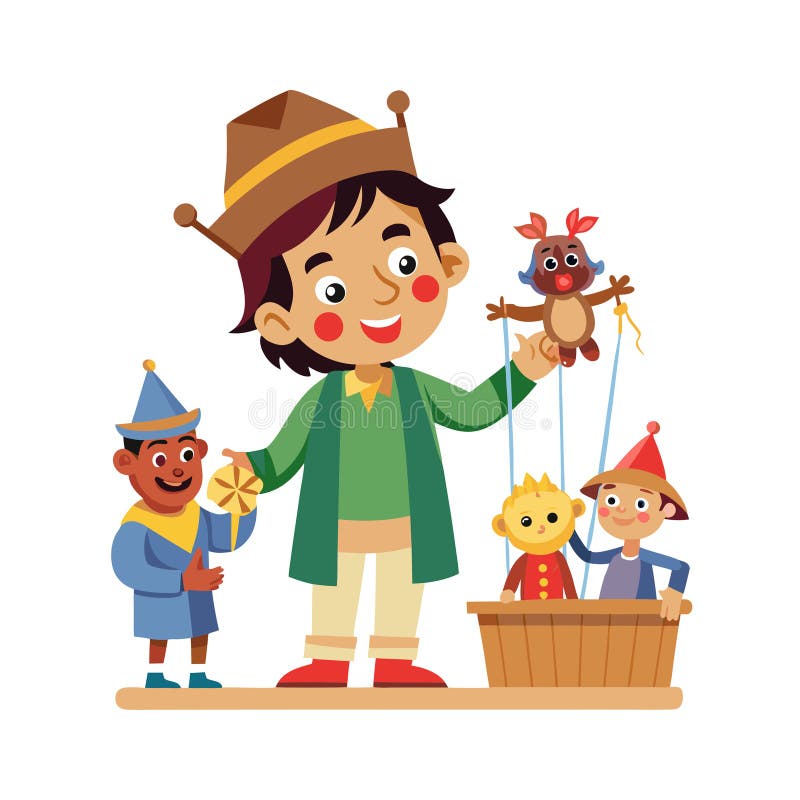 Cartoon Illustration of a Puppet Master with Hand Puppets and Audience ...