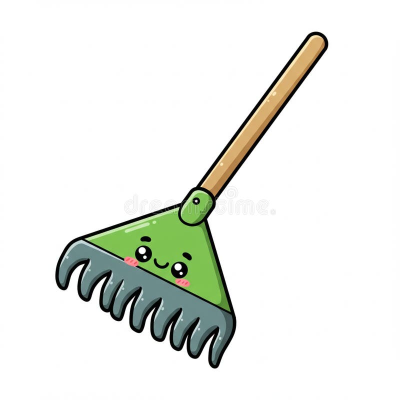 Cartoon Illustration of a Rake with a Cute Face on Its Green Triangular ...