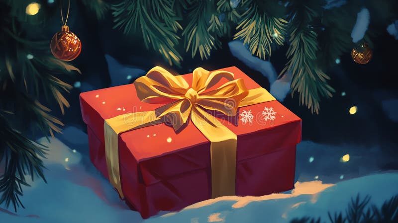 Cartoon Illustration Red Gift Box with a Yellow Bow Under a Christmas ...