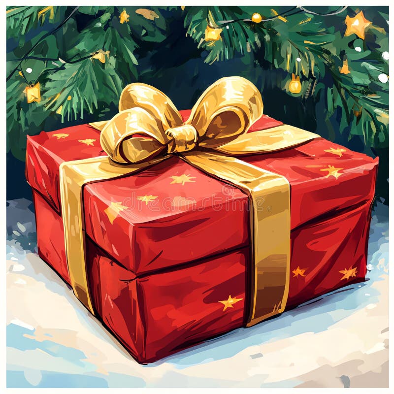 Cartoon Illustration Red Gift Box with a Yellow Bow Under a Christmas ...