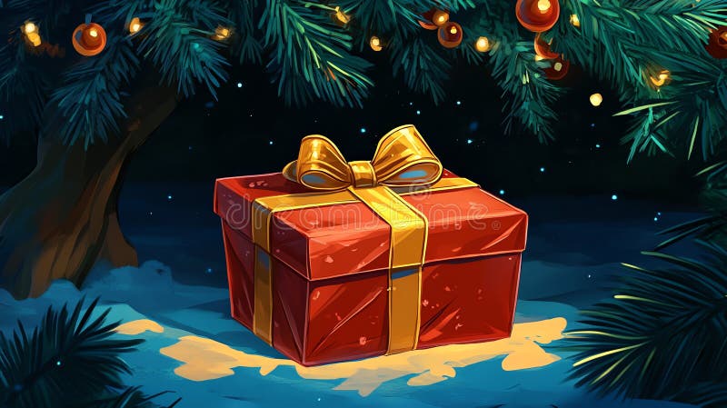 Cartoon Illustration Red Gift Box with a Yellow Bow Under a Christmas ...