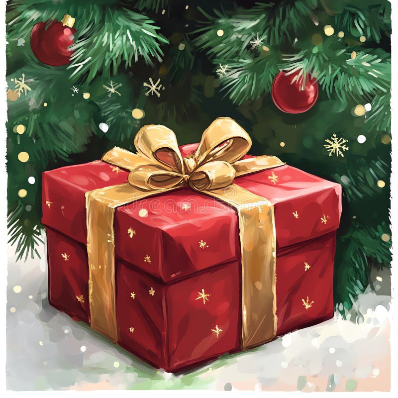 Cartoon Illustration Red Gift Box with a Yellow Bow Under a Christmas ...
