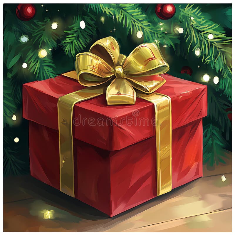 Cartoon Illustration Red Gift Box with a Yellow Bow Under a Christmas ...