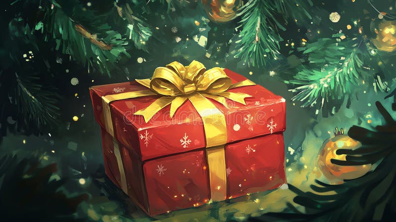Cartoon Illustration Red Gift Box with a Yellow Bow Under a Christmas ...