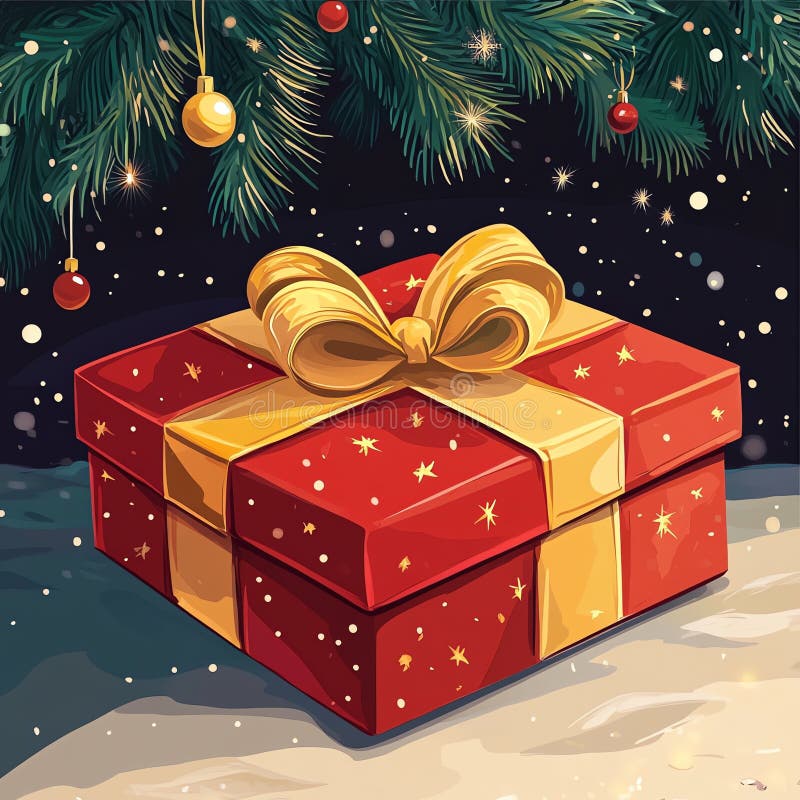 Cartoon Illustration Red Gift Box with a Yellow Bow Under a Christmas ...