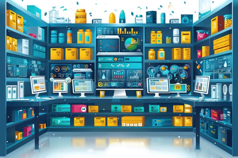 A Cartoon Illustration of a Retail Store with Shelves Full of Products ...