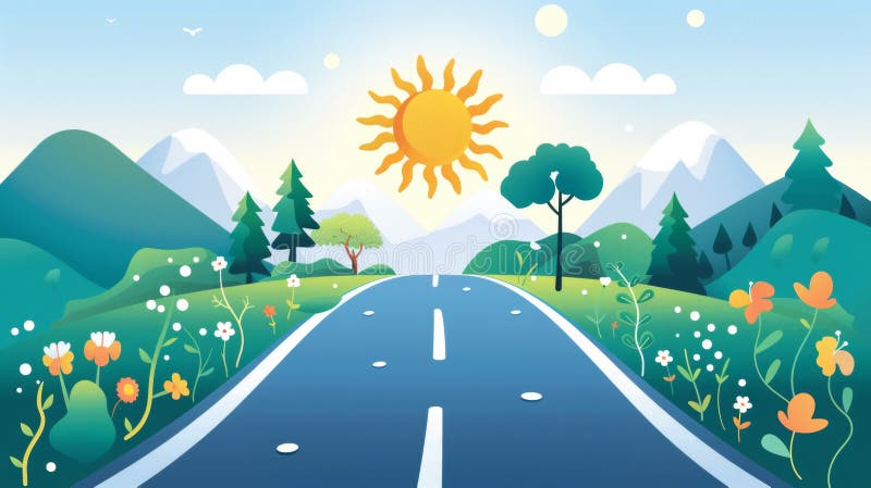 A Cartoon Illustration of a Road with Trees and Flowers, AI Stock ...