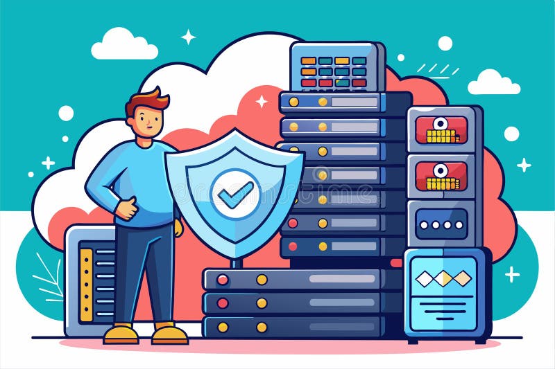 Cartoon Illustration of a Server with a Shield in Front of it, a Person ...