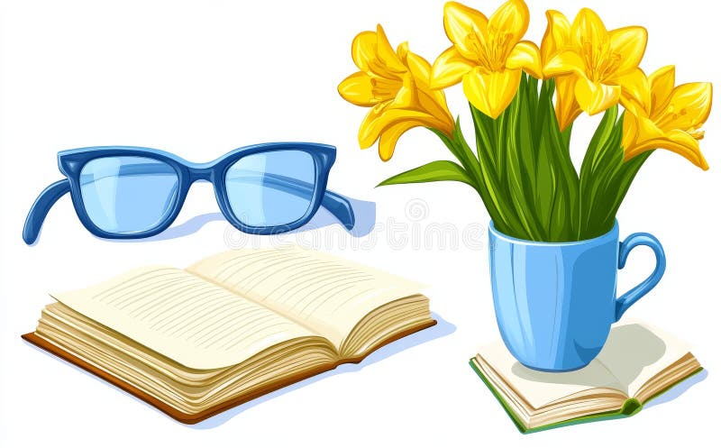 A Cartoon Illustration Set Featuring a Pile of Books, a Cup of Tea, and ...