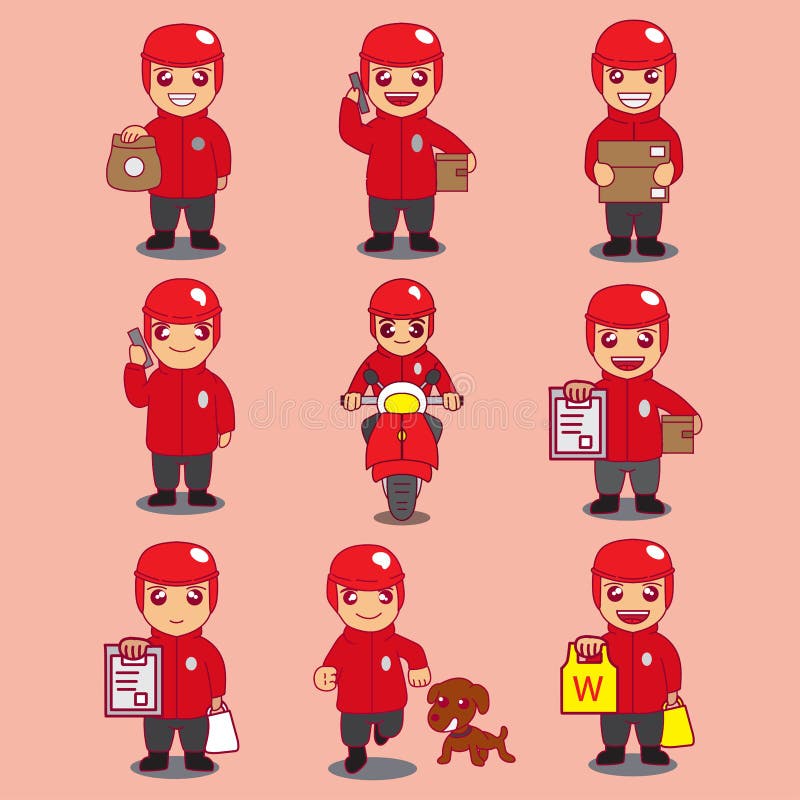 Cartoon Illustration Set of Red Jacket Man Cute Character Bundle ...
