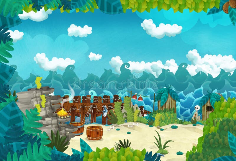 Cartoon Illustration of Shore of the Wild Island Stock Illustration ...