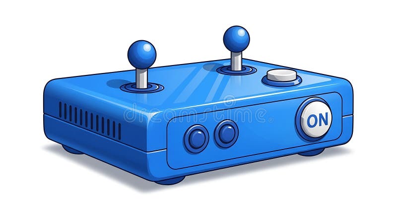 Retro Blue Gaming Console with Joysticks and Power Button on White ...