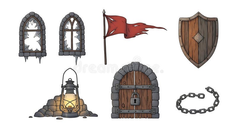 Medieval Fortress Elements: Windows, Flag, Shield, Lantern, Door, and Chain Stock Illustration ...