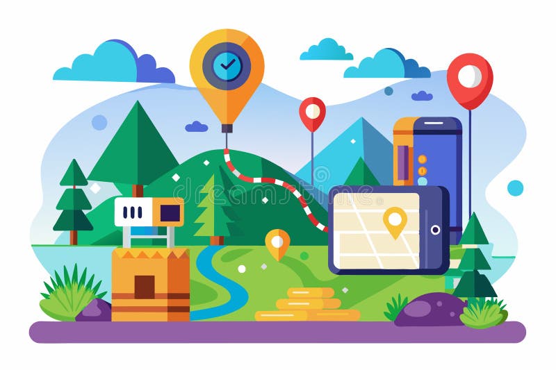Cartoon Illustration Showing a Mobile Device with a Map and Location ...