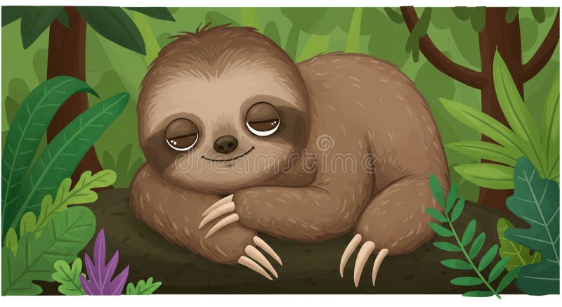 A Cartoon Illustration of a Sloth Resting on a Tree Branch in a Lush ...