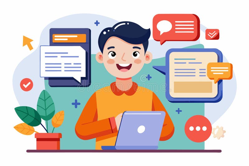 Cartoon Illustration of a Smiling Boy Using Speech To Text Software on ...