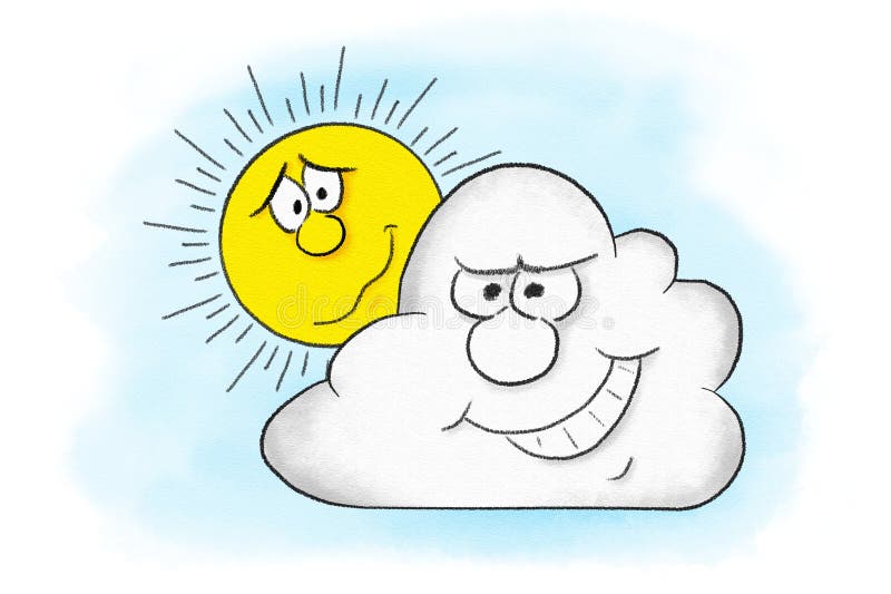 Cartoon Illustration of a Sun Hidden by Clouds in the Sky Stock ...