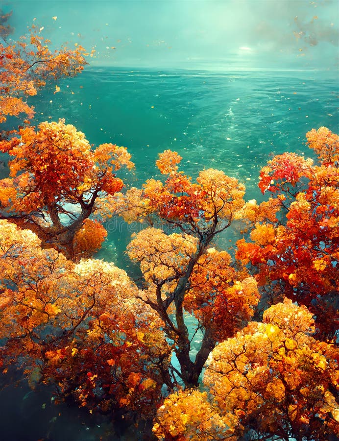 Cartoon Illustration of Sunrise in Autumn at the Ocean, Ai Generated ...