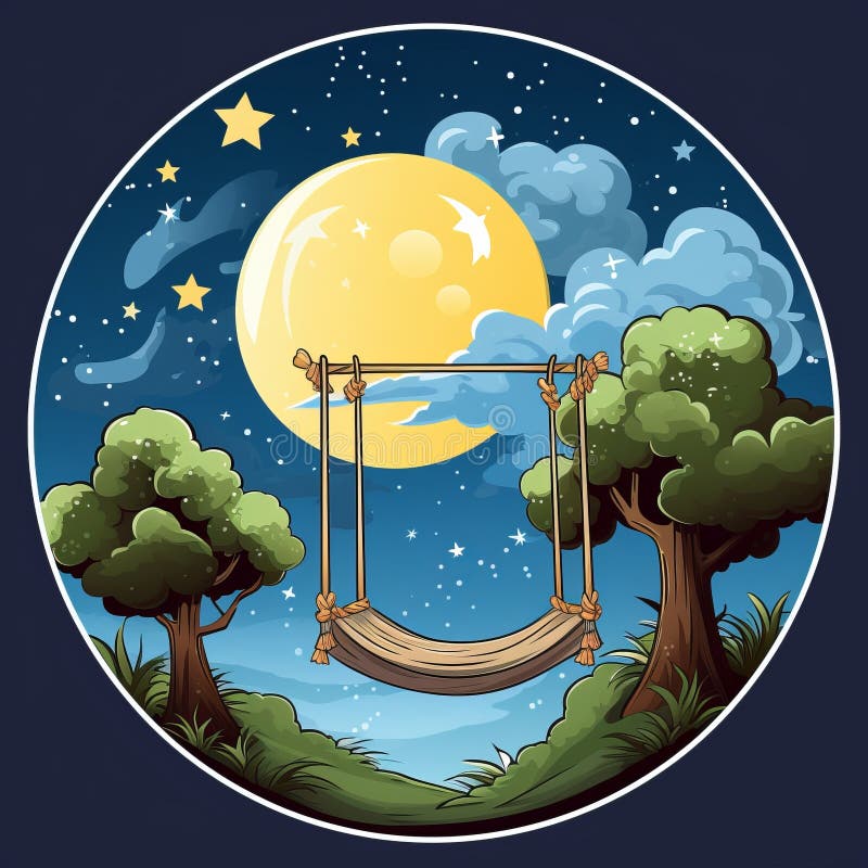 Cartoon Illustration of a Swing in the Forest at Night with the Moon ...